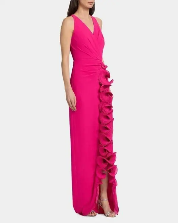 Badgley Mischka Ruffle-trim Georgette Column Gown - Mage