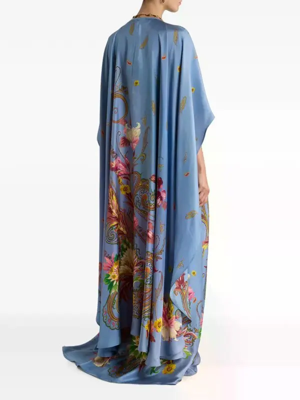 Etro Long Silk Dress With Cape And Placed Floral Paisley Print