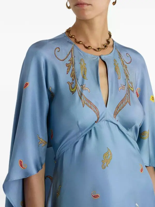Etro Long Silk Dress With Cape And Placed Floral Paisley Print