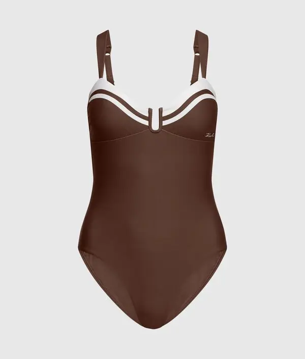 Karl Lagerfeld Signature Contrast Trim Swimsuit - Chestnut