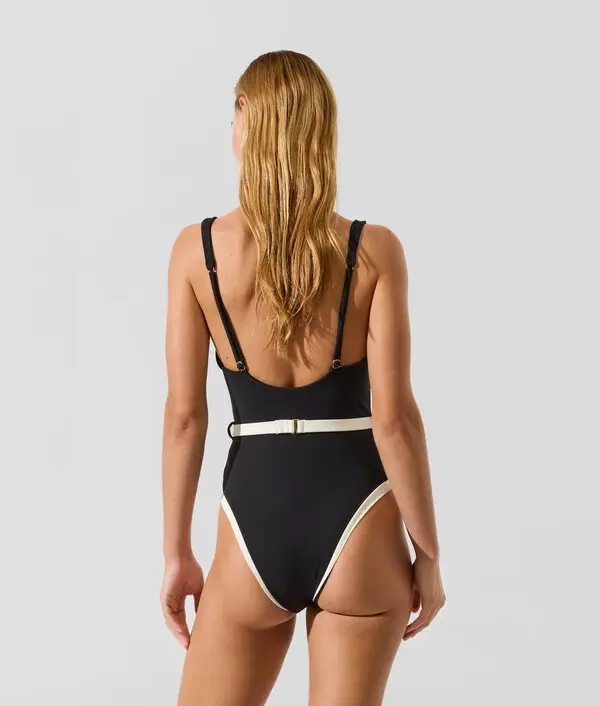 Karl Lagerfeld Signature Belted Swimsuit - Black