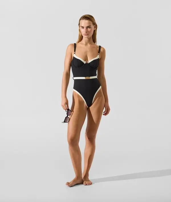 Karl Lagerfeld Signature Belted Swimsuit - Black