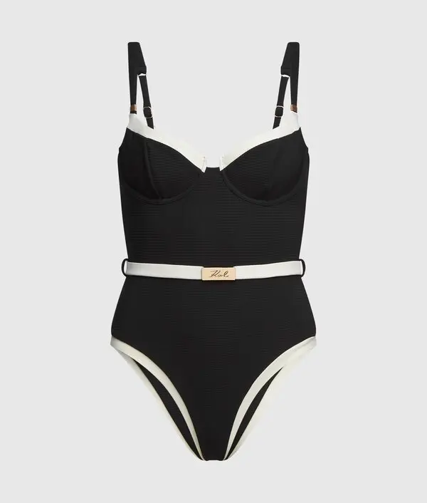 Karl Lagerfeld Signature Belted Swimsuit - Black