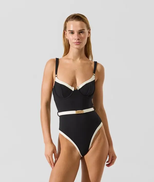 Karl Lagerfeld Signature Belted Swimsuit - Black