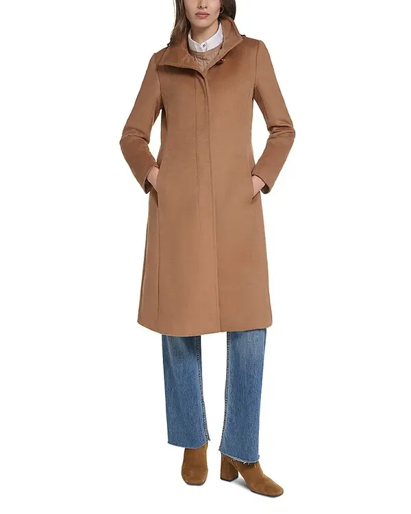 Cole Haan Stand Collar Wool Blend Coat - Camel