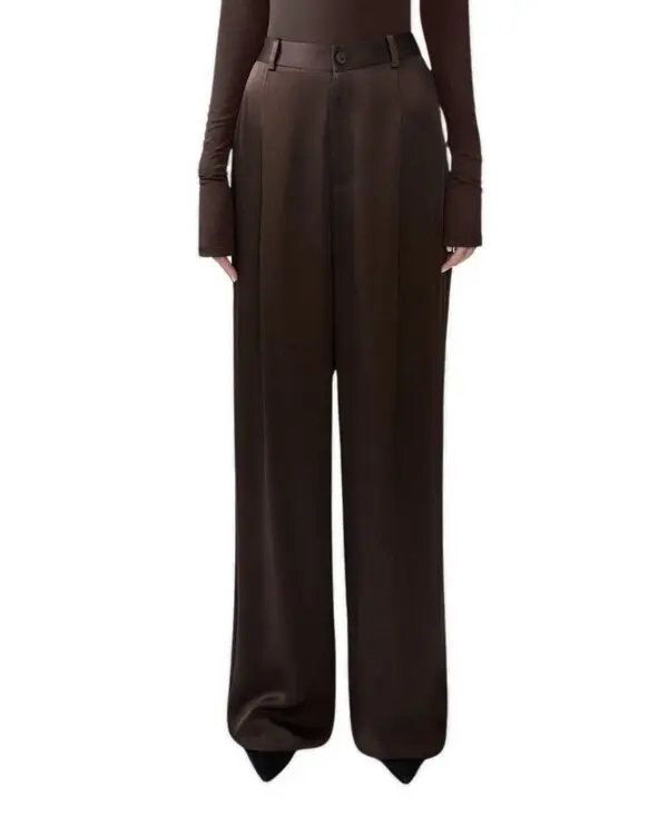 Lapointe Satin Relaxed Pleated Pant - Chocolate