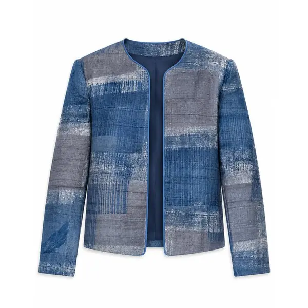 STOVARIA Indigo Handblock Printed Pure Tussar Silk Statement Jacket - Blue