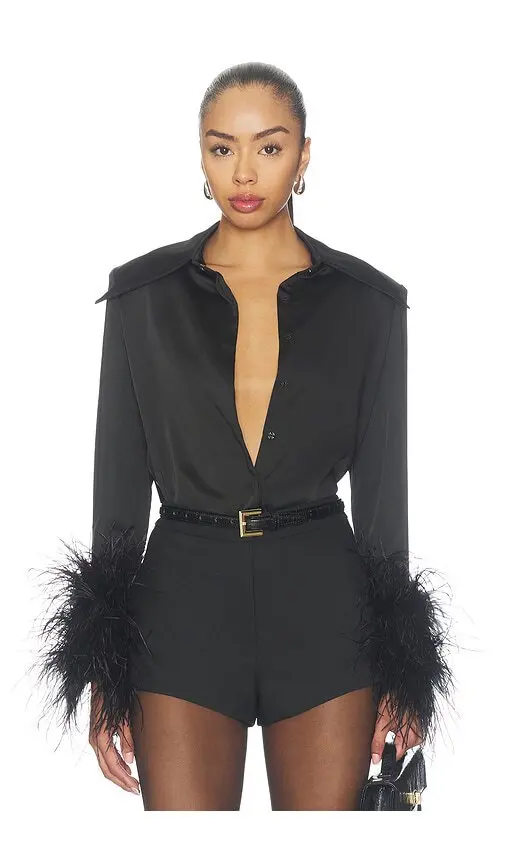 BRONX BANCO Button Down Blouse With Feather Cuffs