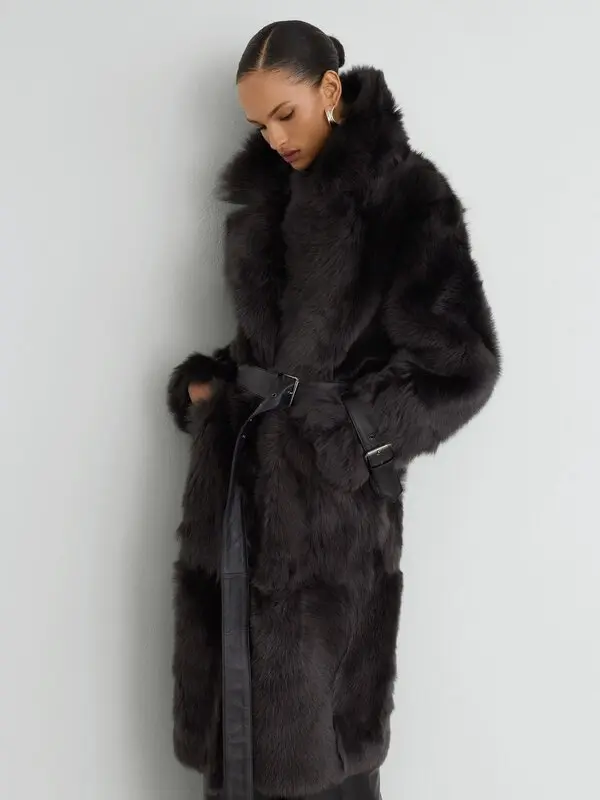 ATELIER Shearling Belted Long Coat - Grey