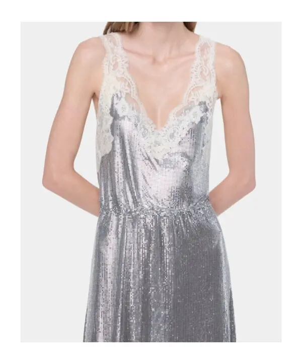 Rabanne Hand Assembled Midi Dress In Silver Mesh And Ivory Lace