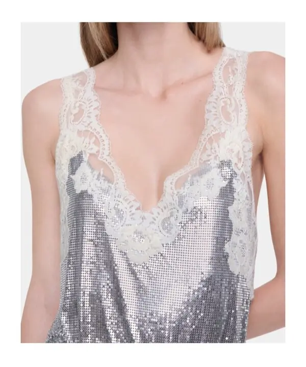 Rabanne Hand Assembled Midi Dress In Silver Mesh And Ivory Lace