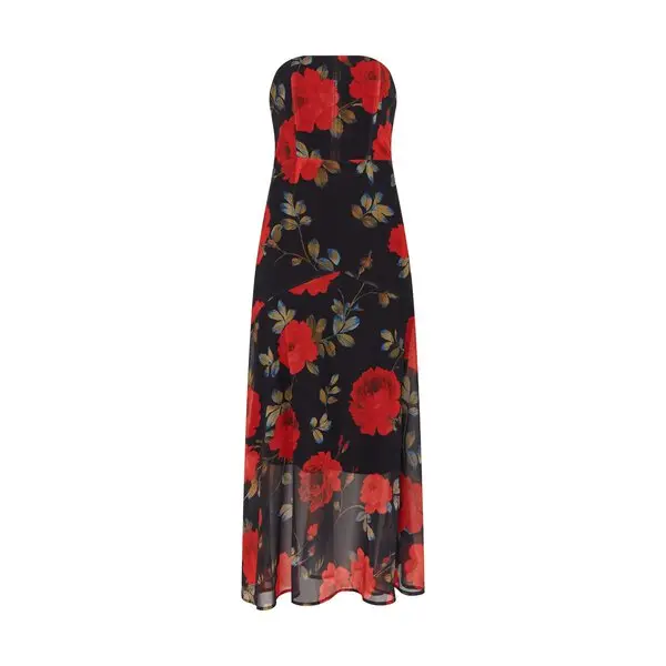 SOUR FIGS Floral Strapless Draped Maxi Dress In Midnight Rose Black