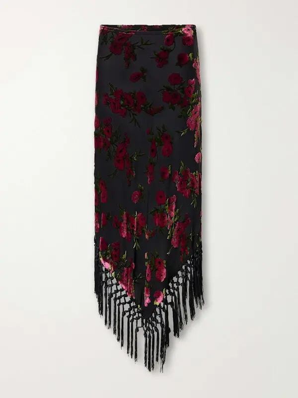 Anna Sui Asymmetric Floral-flock Fringe-trimmed Crepe Midi Skirt - Multi