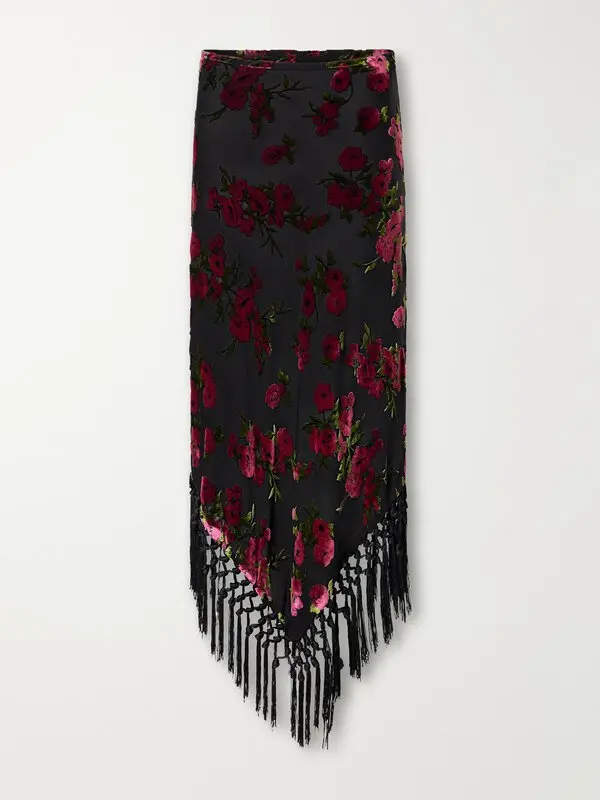 Anna Sui Asymmetric Floral-flock Fringe-trimmed Crepe Midi Skirt - Multi