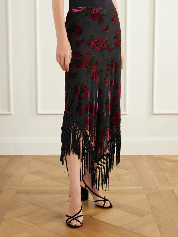 Anna Sui Asymmetric Floral-flock Fringe-trimmed Crepe Midi Skirt