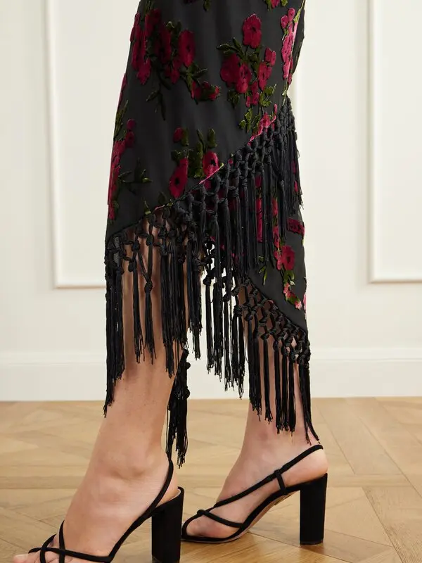 Anna Sui Asymmetric Floral-flock Fringe-trimmed Crepe Midi Skirt