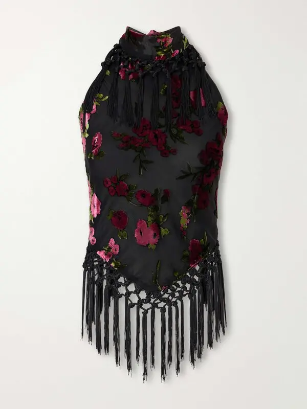 Anna Sui Halter Floral-flock Fringe-trimmed Crepe Top