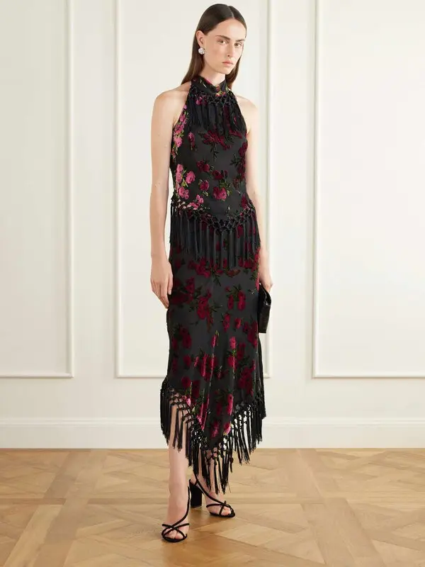 Anna Sui Halter Floral-flock Fringe-trimmed Crepe Top