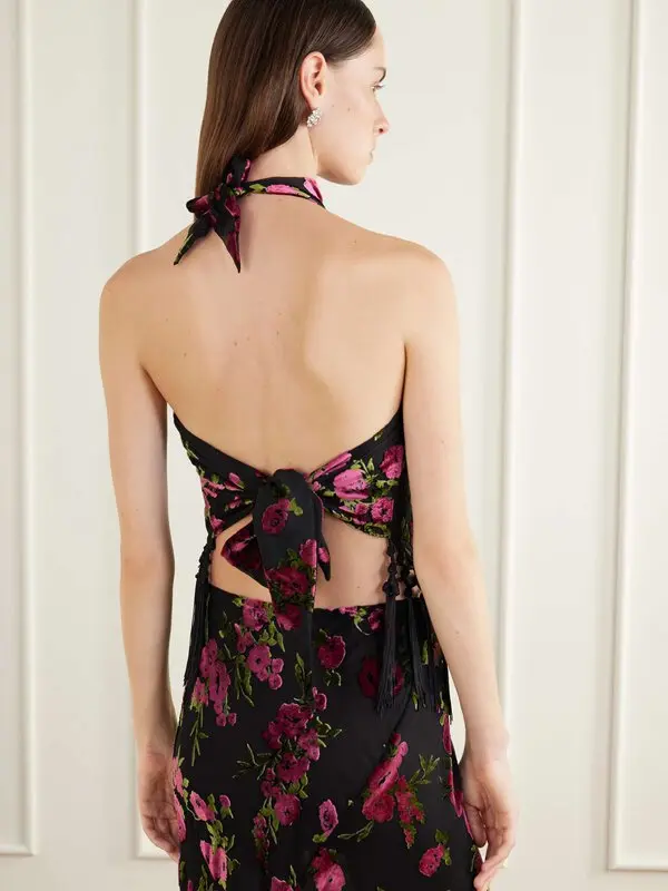 Anna Sui Halter Floral-flock Fringe-trimmed Crepe Top