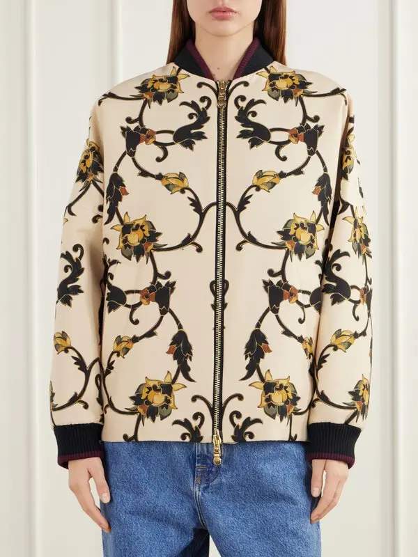 La DoubleJ Brooklyn Floral-print Rib-trimmed Wool-blend Cady Jacket - Neutrals