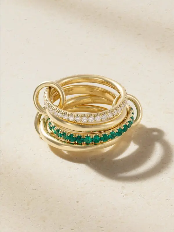 SPINELLI KILCOLLIN Halley Set Of Four 18-karat Diamonds And Emerald Rings - Gold