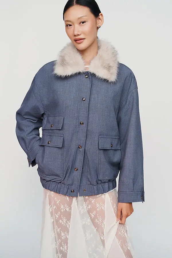Maeve Faux Fur Collar Barn Jacket - Grey