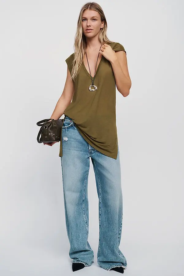 PILCRO Wool Blend Deep V-neck Tissue Tee