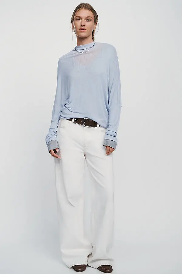 Anthropologie Featherweight Cashmere Blend Ribbed Top - Light Blue