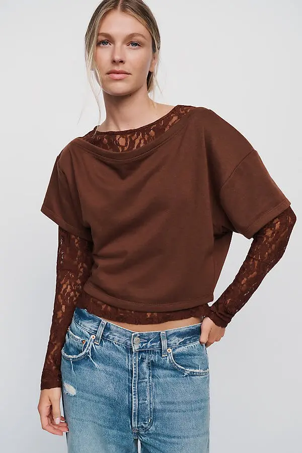 Anthropologie Cotton Blend Lace Twofer Top - Brown