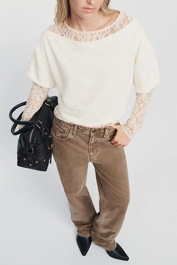 Anthropologie Cotton Blend Lace Twofer Top - Neutral