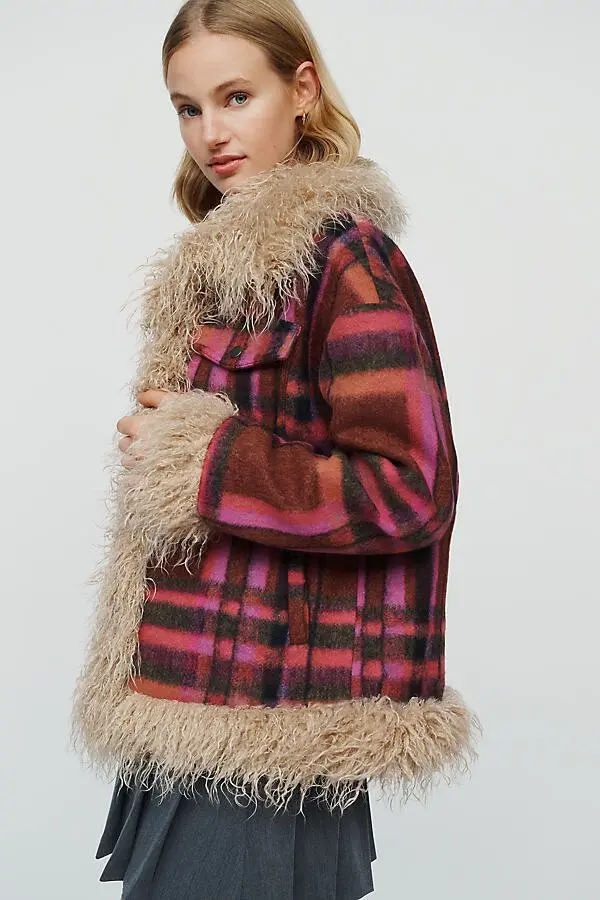 Scotch & Soda Jazz Faux Fur Trim Coat Jacket - Rust Plaid