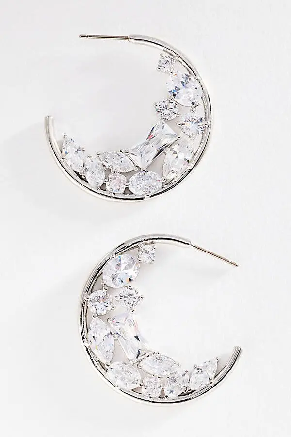 Anthropologie Crystal Cluster Crescent Hoop Earrgs - Silver