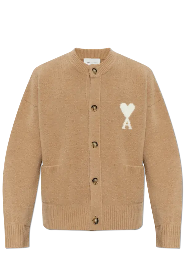AMI Paris Wool Cardigan With Logo - Beige