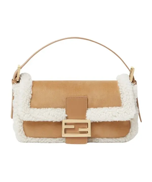 Fendi Baguette 26424 Camel-colored Shearling Bag - Nude