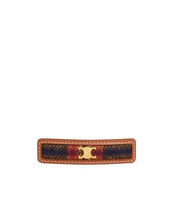 Celine Tartan Hair Clip In Calfskin, Wool And Brass With Gold Finish - Multicolor/gold