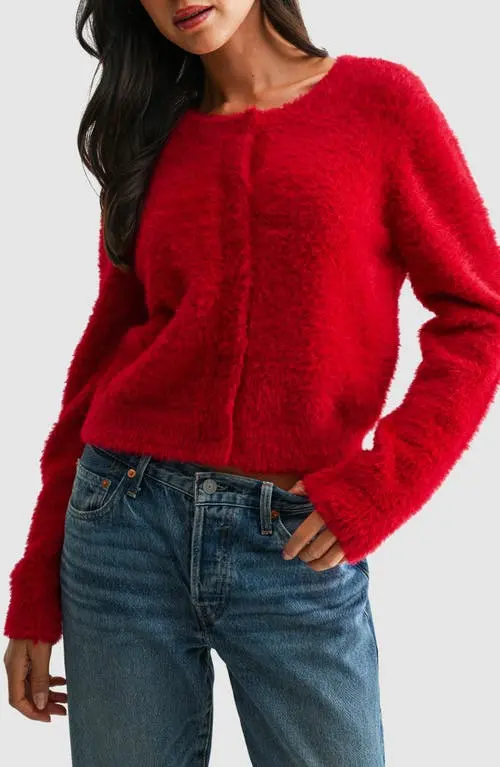 ALL IN FAVOR Fuzzy Crewneck Cardigan - Red