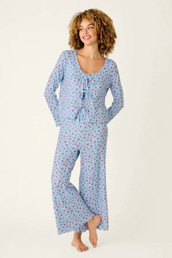 PJ Salvage Festive Florals Blue Floral Print Tie-front Top