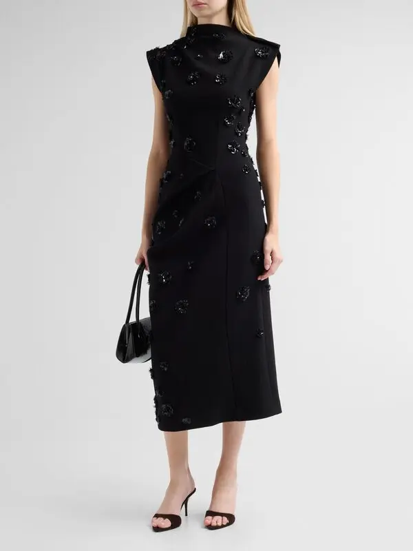 Michael Kors Flower Embroidered Draped Midi Dress
