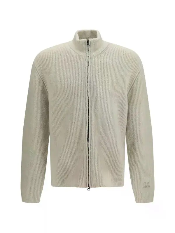 C.P. COMPANY Bouclè Felted Yarn Zip Logo Cardigan - Silver