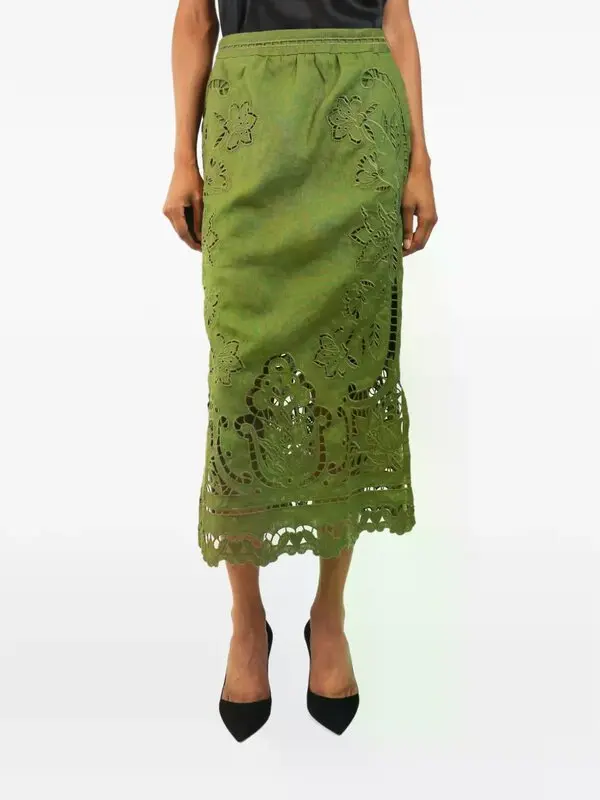 Farm Rio Broderie-anglaise Midi Skirt - Green