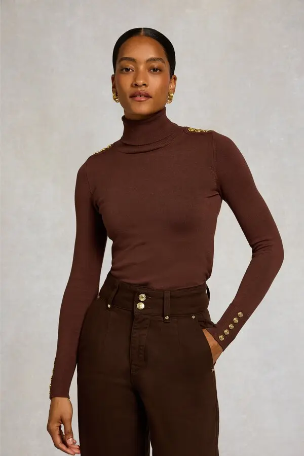 Holland Cooper Buttoned Knit Roll Neck - Walnut