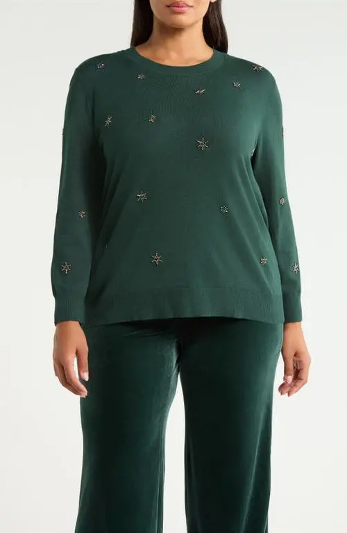 Anne Klein Star Embellished Crewneck Sweater - Pine Forest