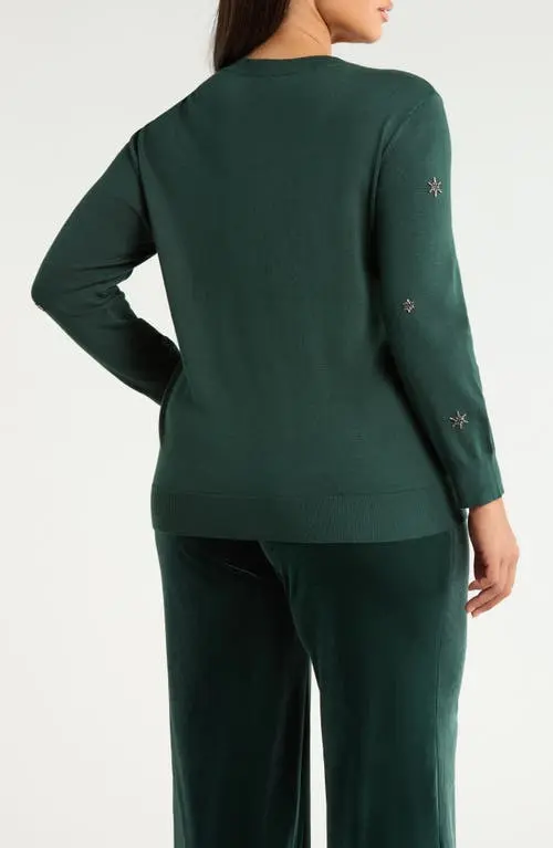 Anne Klein Star Embellished Crewneck Sweater - Pine Forest