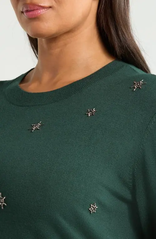 Anne Klein Star Embellished Crewneck Sweater - Pine Forest