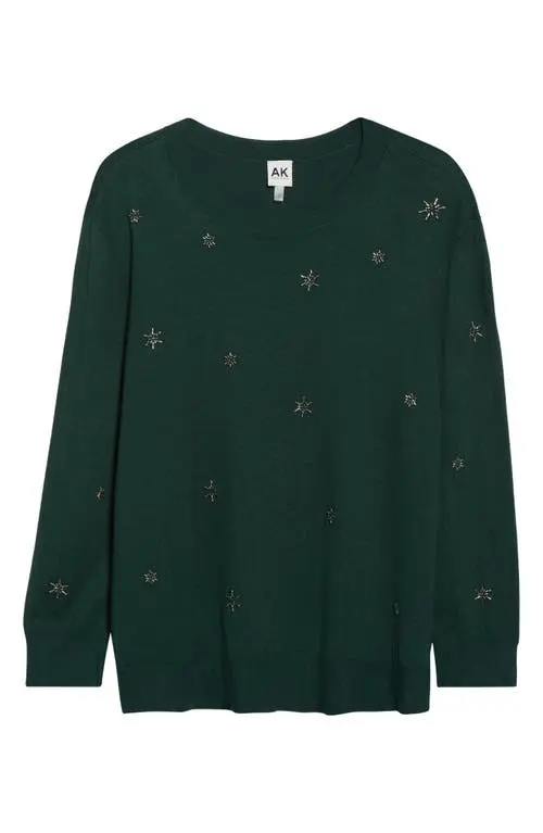 Anne Klein Star Embellished Crewneck Sweater - Pine Forest