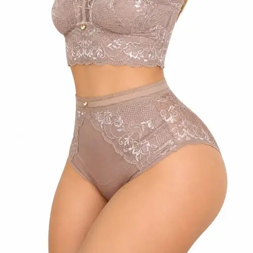 LECHERY® X Yahaira Lace Mid Waist Panty Double Tummy Layer Bottoms - Beige