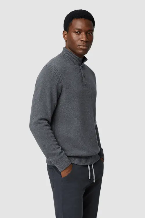 GARNET Lolan Regular-fit Button-placket Mock Neck Sweater - Charcoal