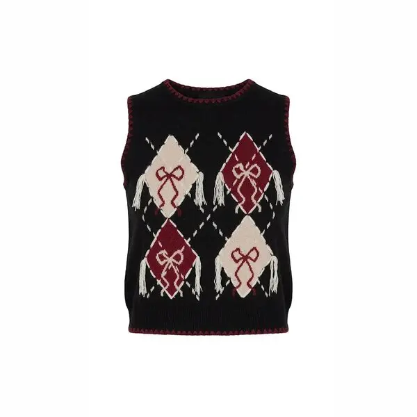 ANOTHER GIRL Bow Argyle Sleeveless Knit Top