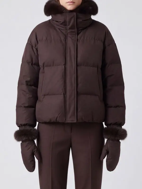 YVES SALOMON Quilted Short Puffer Jacket With Shearling Hood - Brown