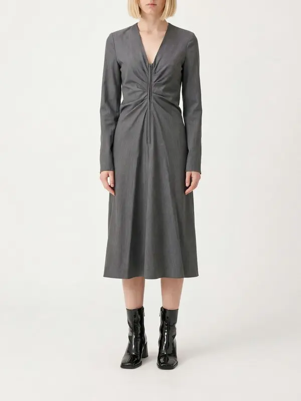 MAISON MARGIELA V-neck Midi Dress In Wool And Cotton With Draped Waist